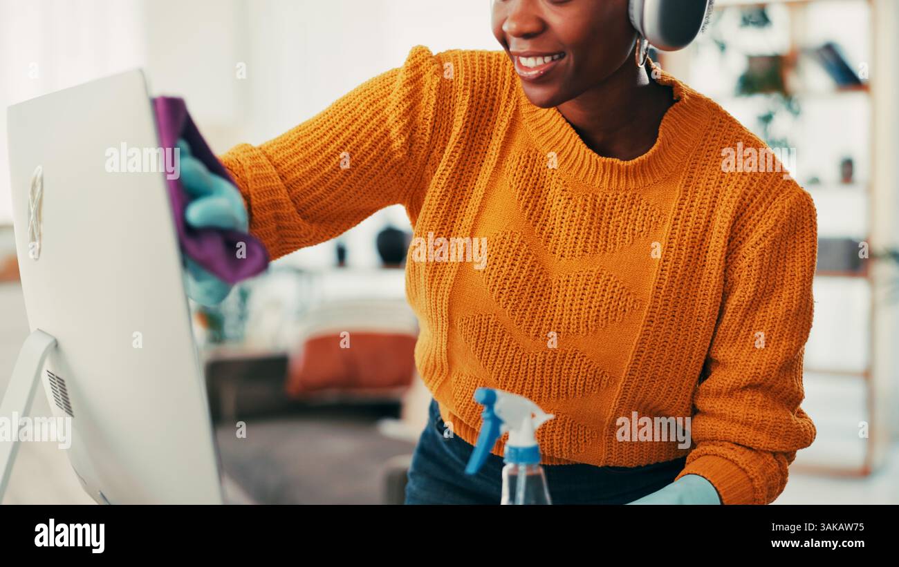 Computer, cleaning and hands of woman with sanitizer, alcohol wipes and ...