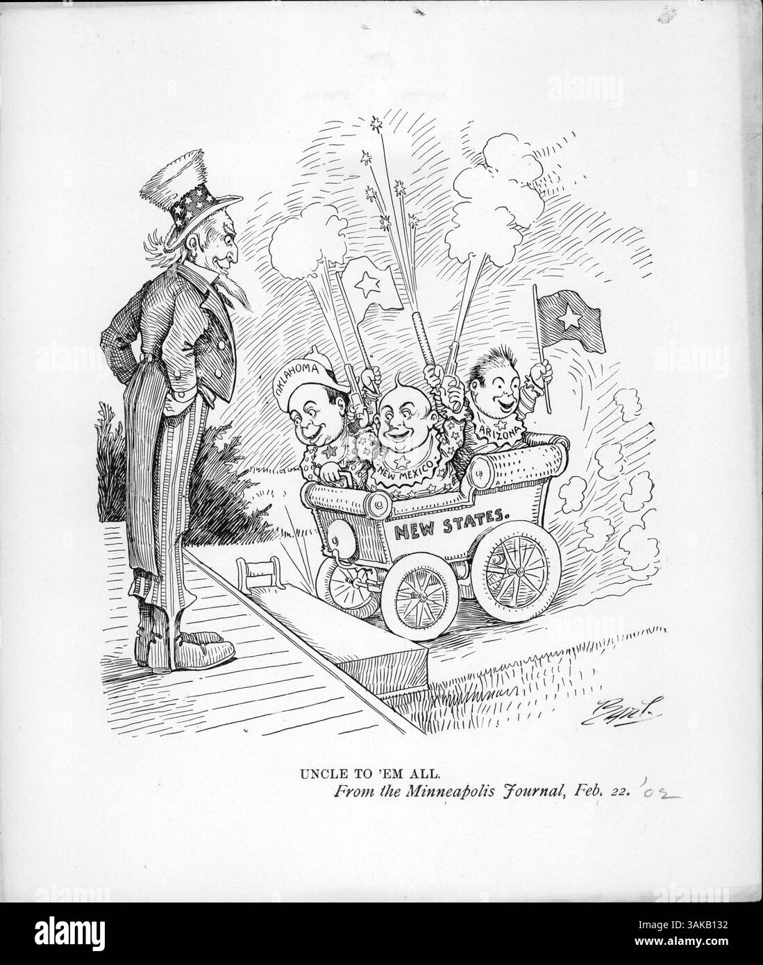 The image depicts Uncle Sam receiving babies representing Oklahoma, New ...