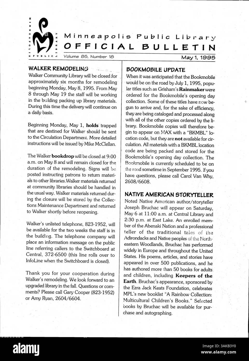 A weekly bulletin from 1995 for employees of the Minneapolis Public ...