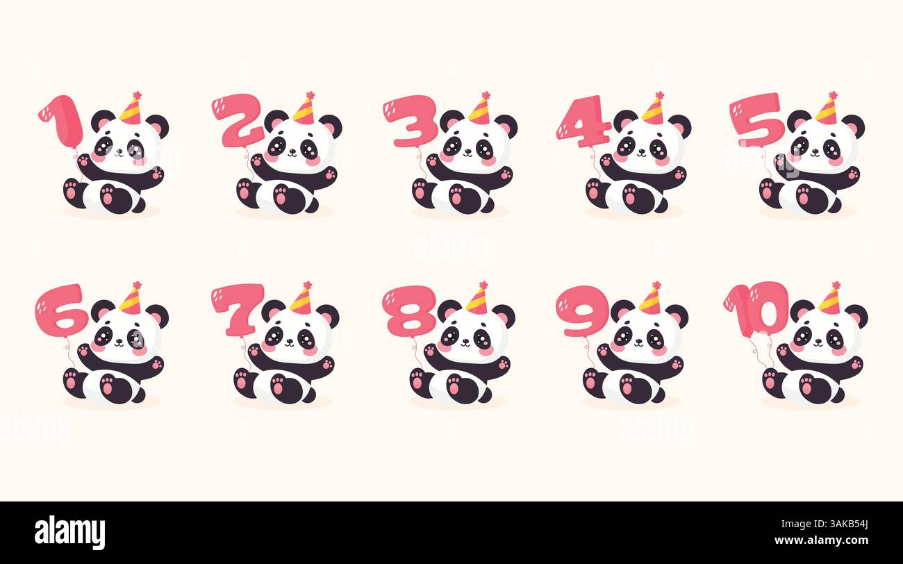 Cute Panda Set with Anniversary Numbers 1 to 10 Flat Vector ...