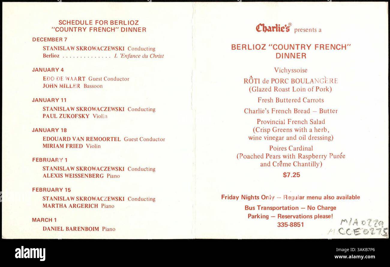 The 1973 Berlioz Country French Dinner menu from Charlie's Cafe ...