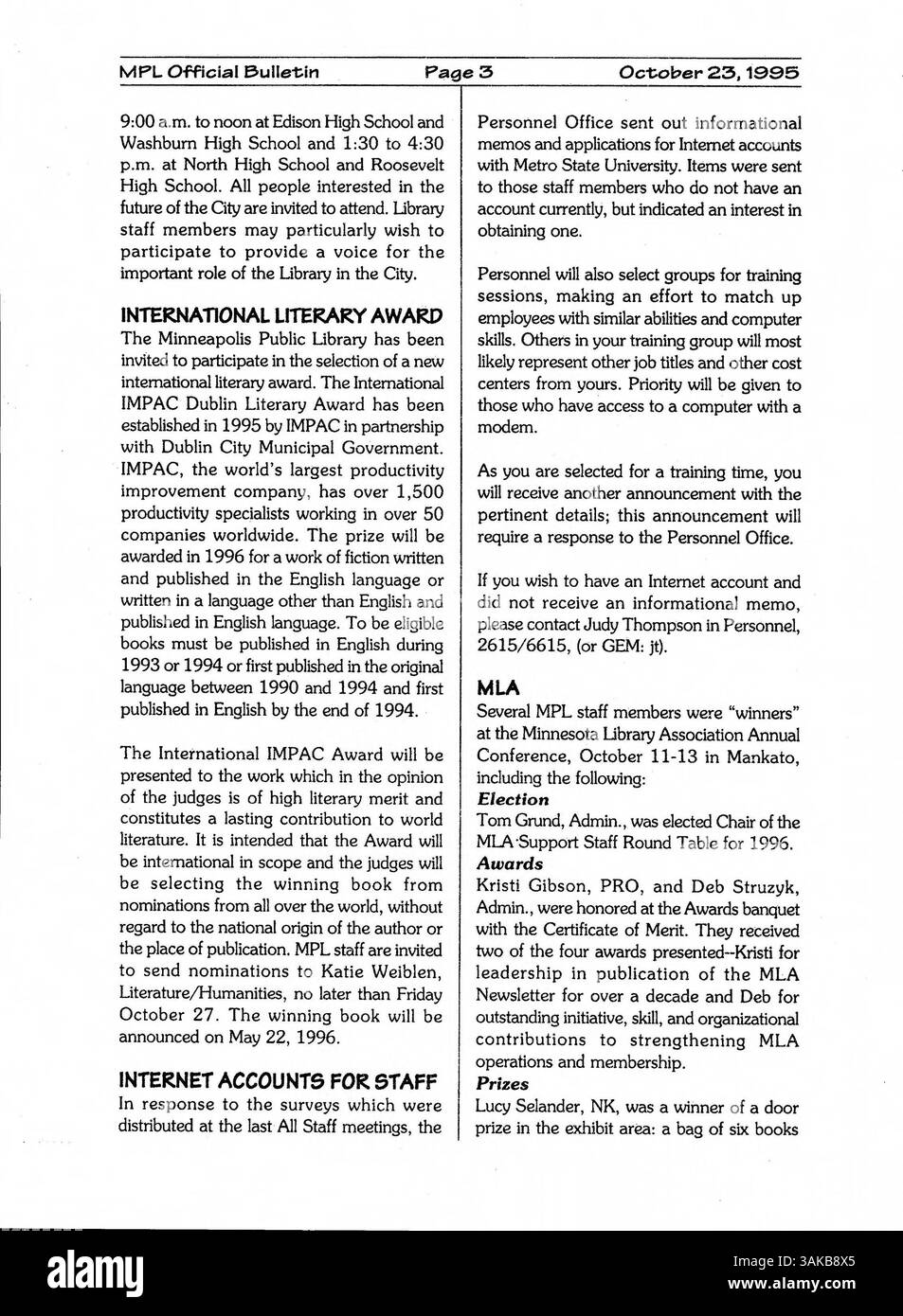 This 1995 official bulletin for Minneapolis Public Library employees ...