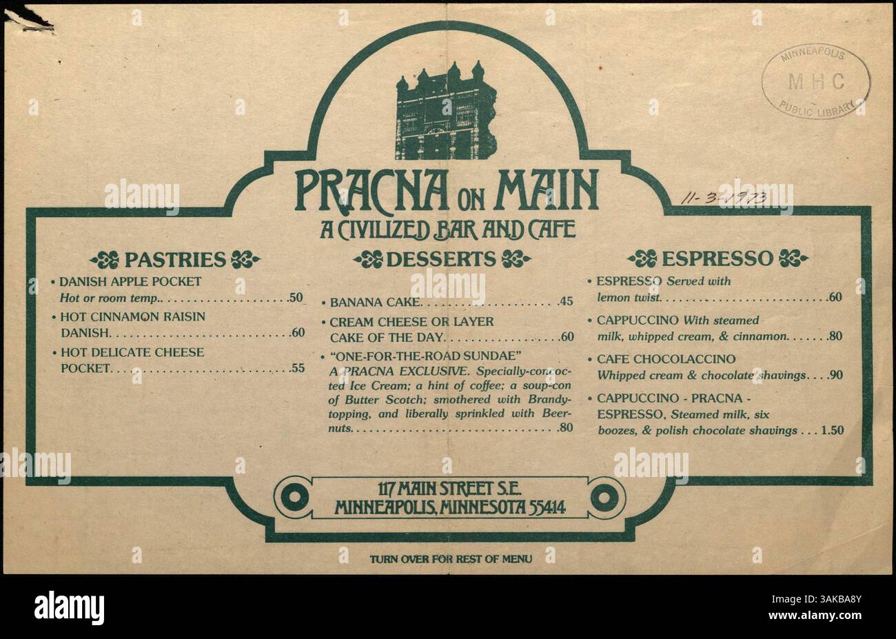 The 'Pracna on Main' menu offers a variety of entrees, sides, pastries ...