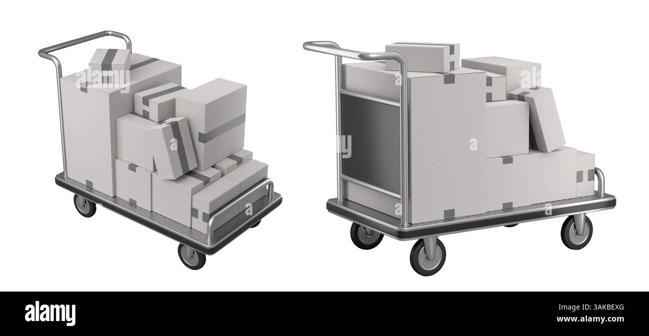 Set of Airport luggage cart or baggage trolley side with stack of ...