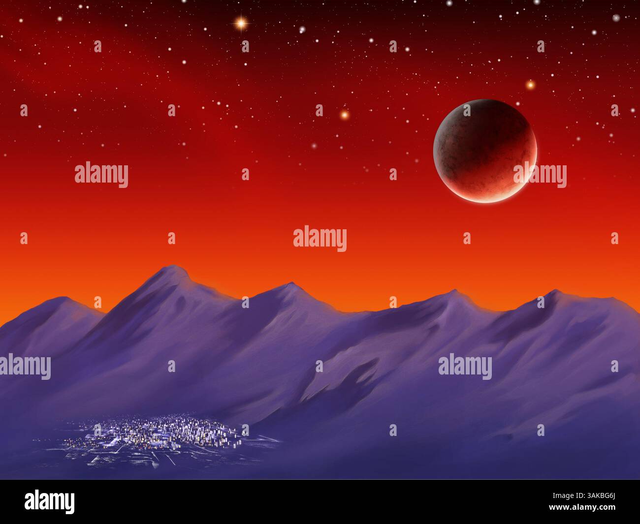 Planet rising over some mountains and a city at night. Digital ...