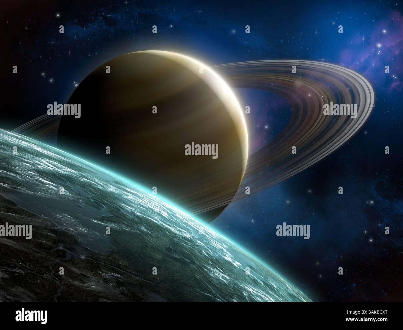 Space panorama including a blue planet and a ring planet. Digital ...
