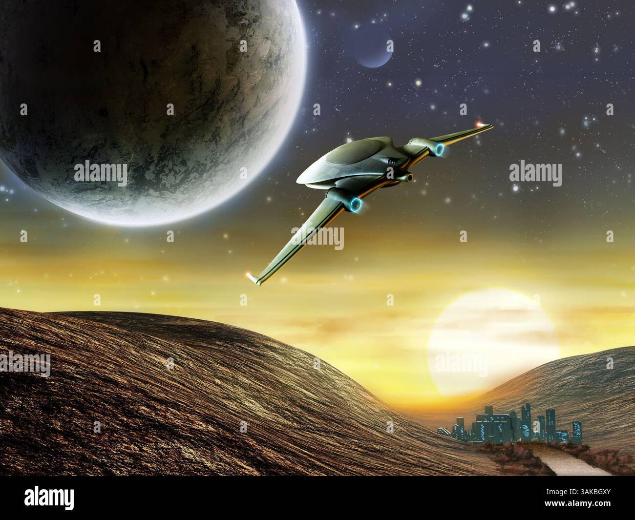 Futuristic spaceship travelling in a distant solar system. Digital ...