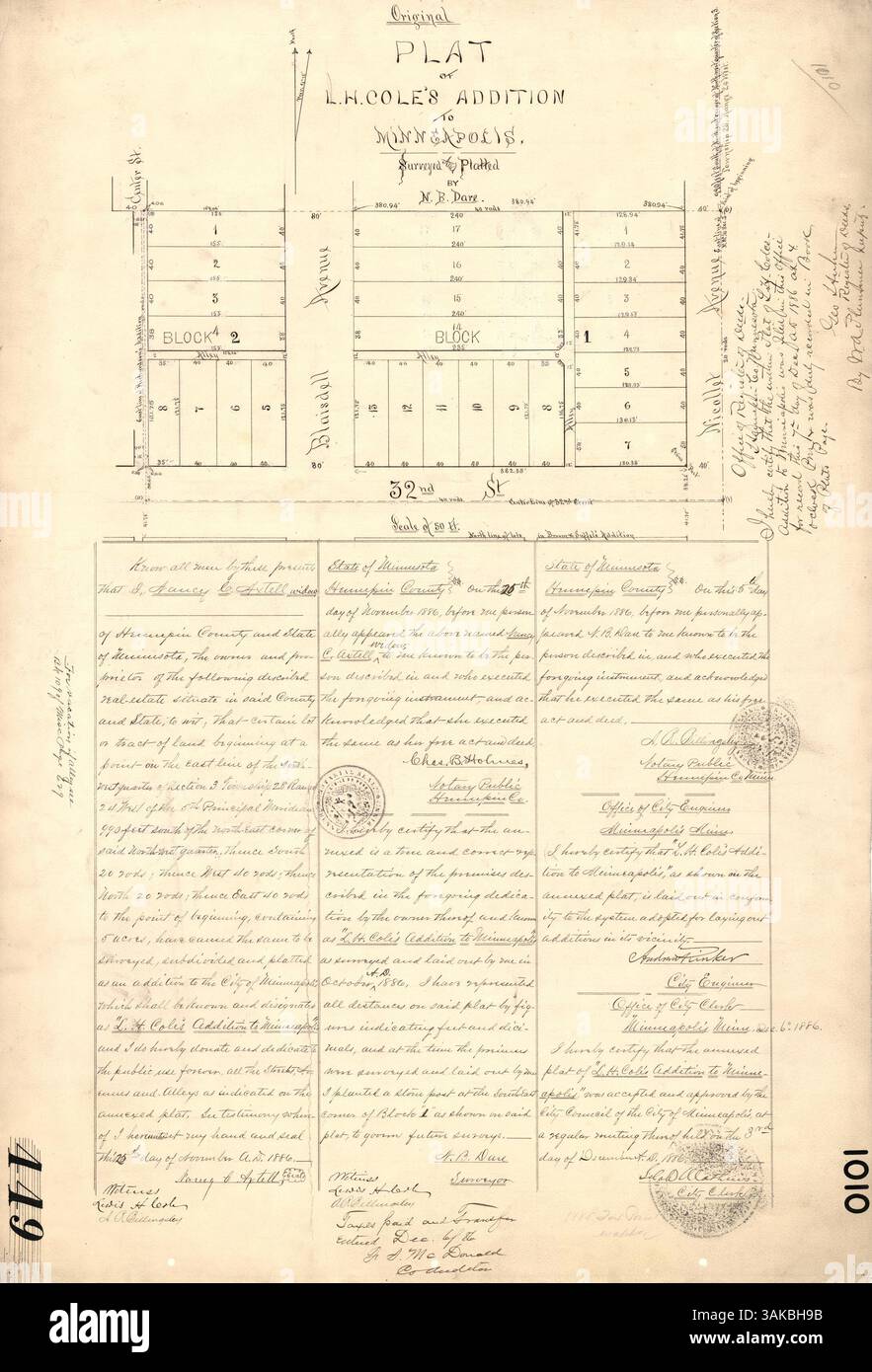 The plat map of L. H. Cole's Addition to Minneapolis shows the land ...