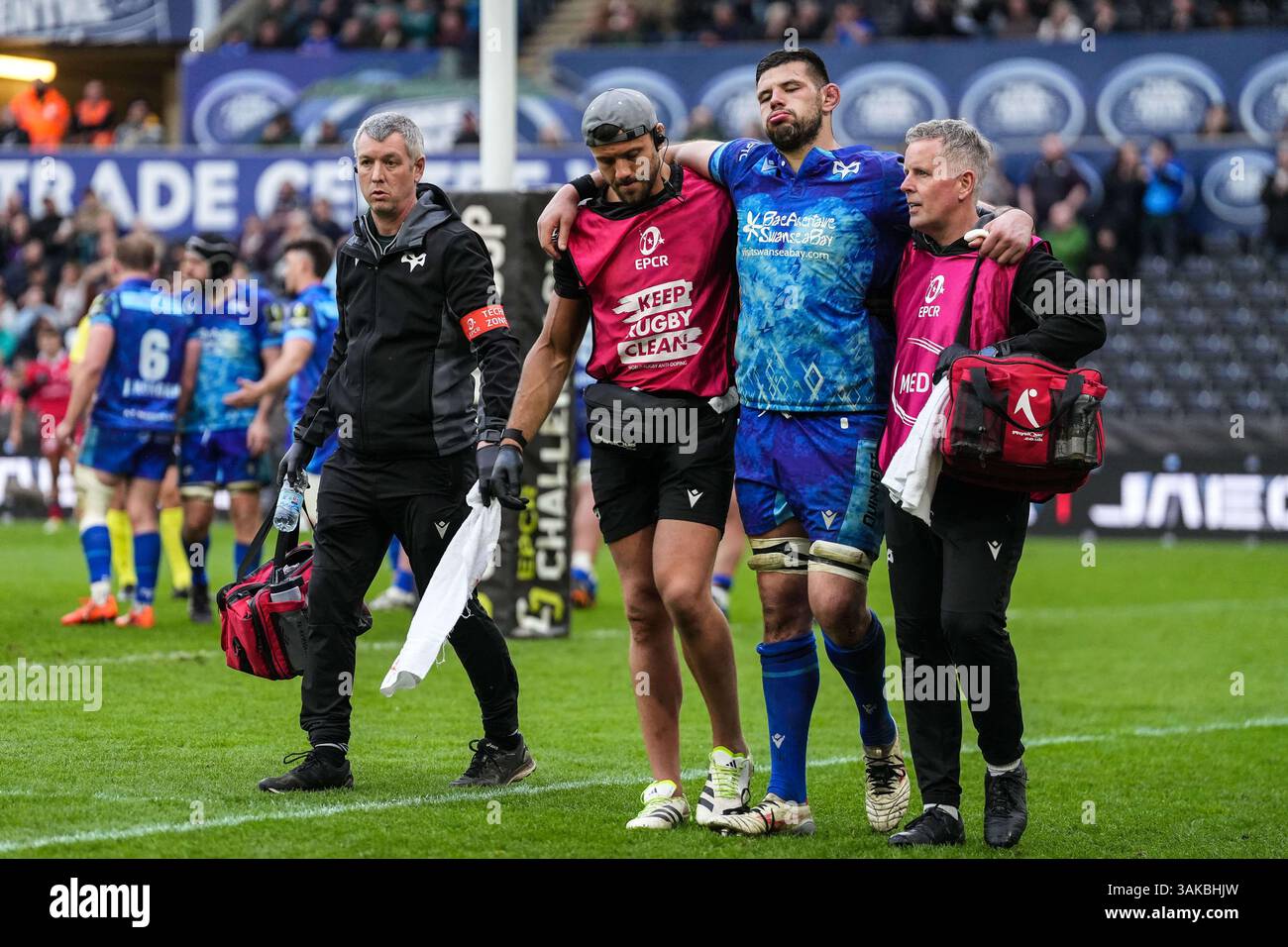 Swansea, Wales, UK. 12th April, 2025. Rhys Davies of Ospreys leaves the ...
