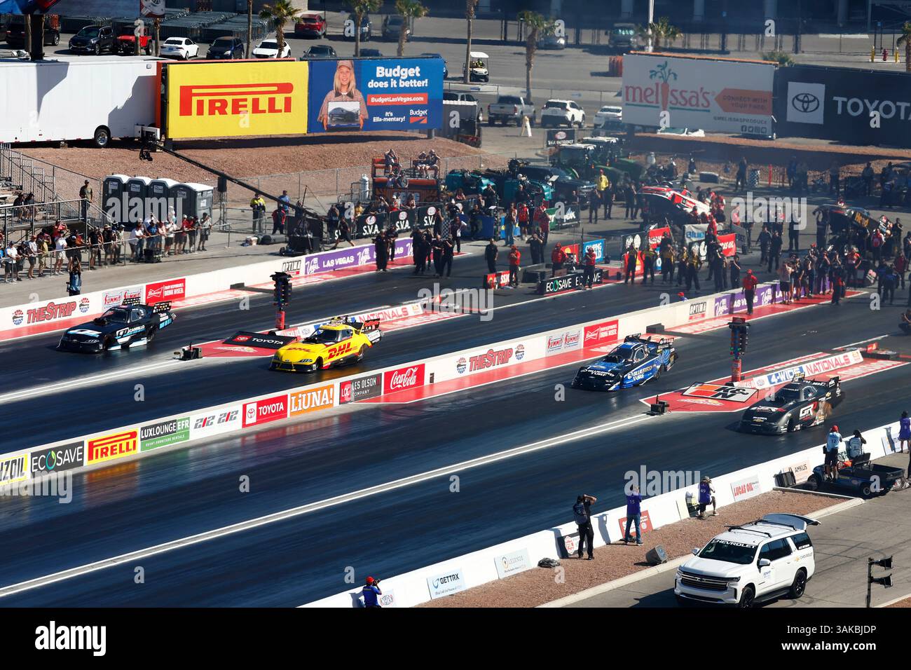 LAS VEGAS, NV - MARCH 05: General view of funny cars racing down the ...
