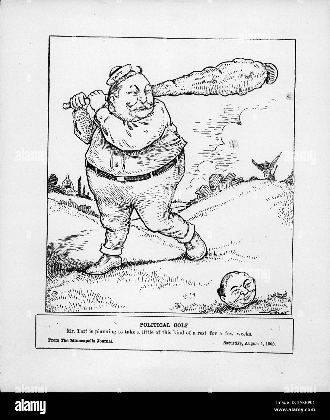 This political cartoon depicts William Howard Taft aiming a golf club ...