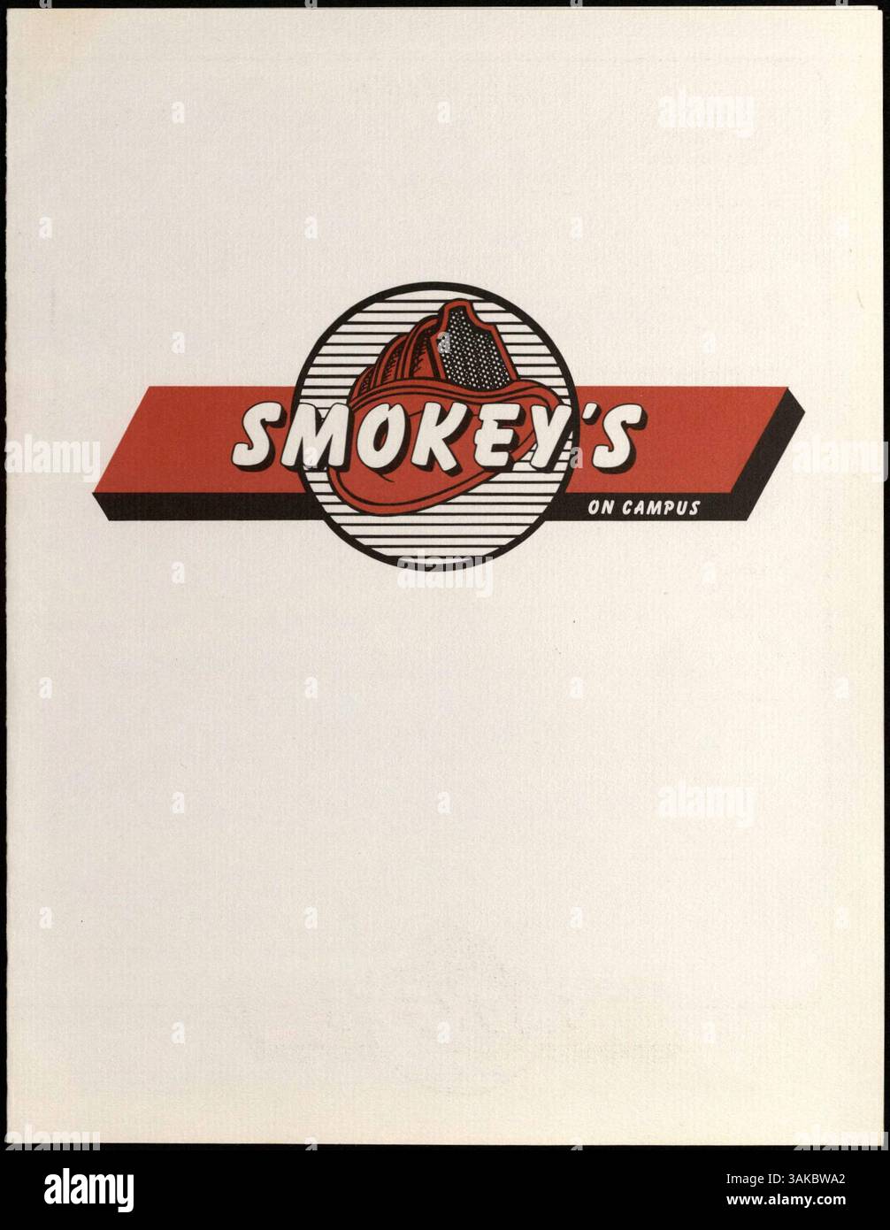 A bi-fold menu printed on gray cardstock with red and black ink. The ...