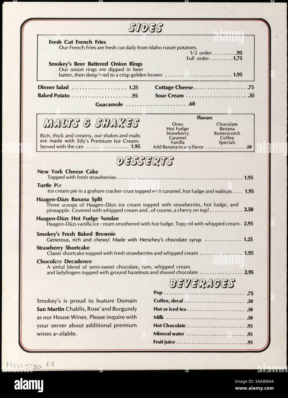 This menu, printed on gray cardstock with red and black ink, displays ...