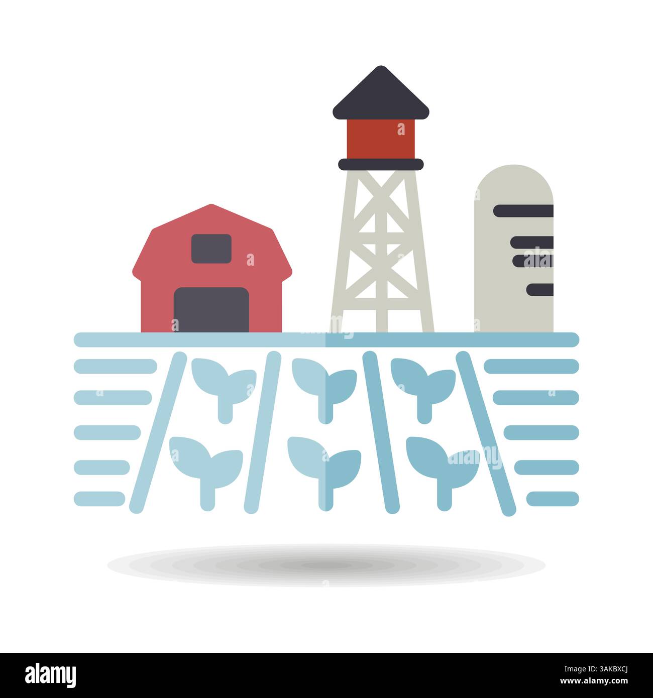Farm landscape with barn, windpump, seedling and water tower vector ...