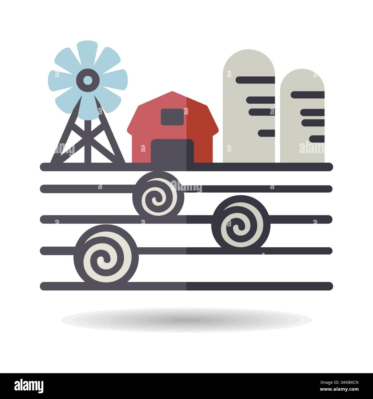 Farm landscape with barn, windpump, haystack and granary isolated icon ...