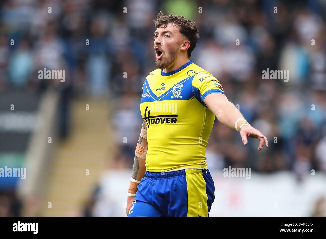 Warrington, UK. 12th Apr, 2025. Matty Ashton of Warrington Wolves gives ...