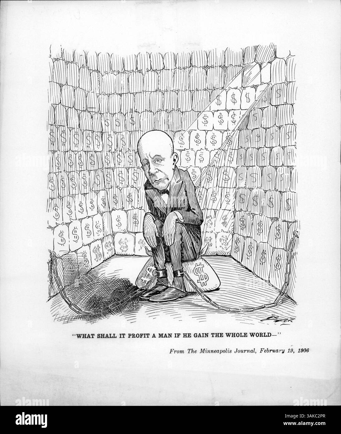 John D. Rockefeller sits in a cell made of money, symbolizing his ...
