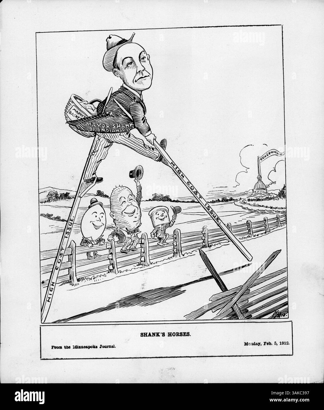 Mayor Samuel Lewis Shank of Indianapolis is depicted walking on stilts ...