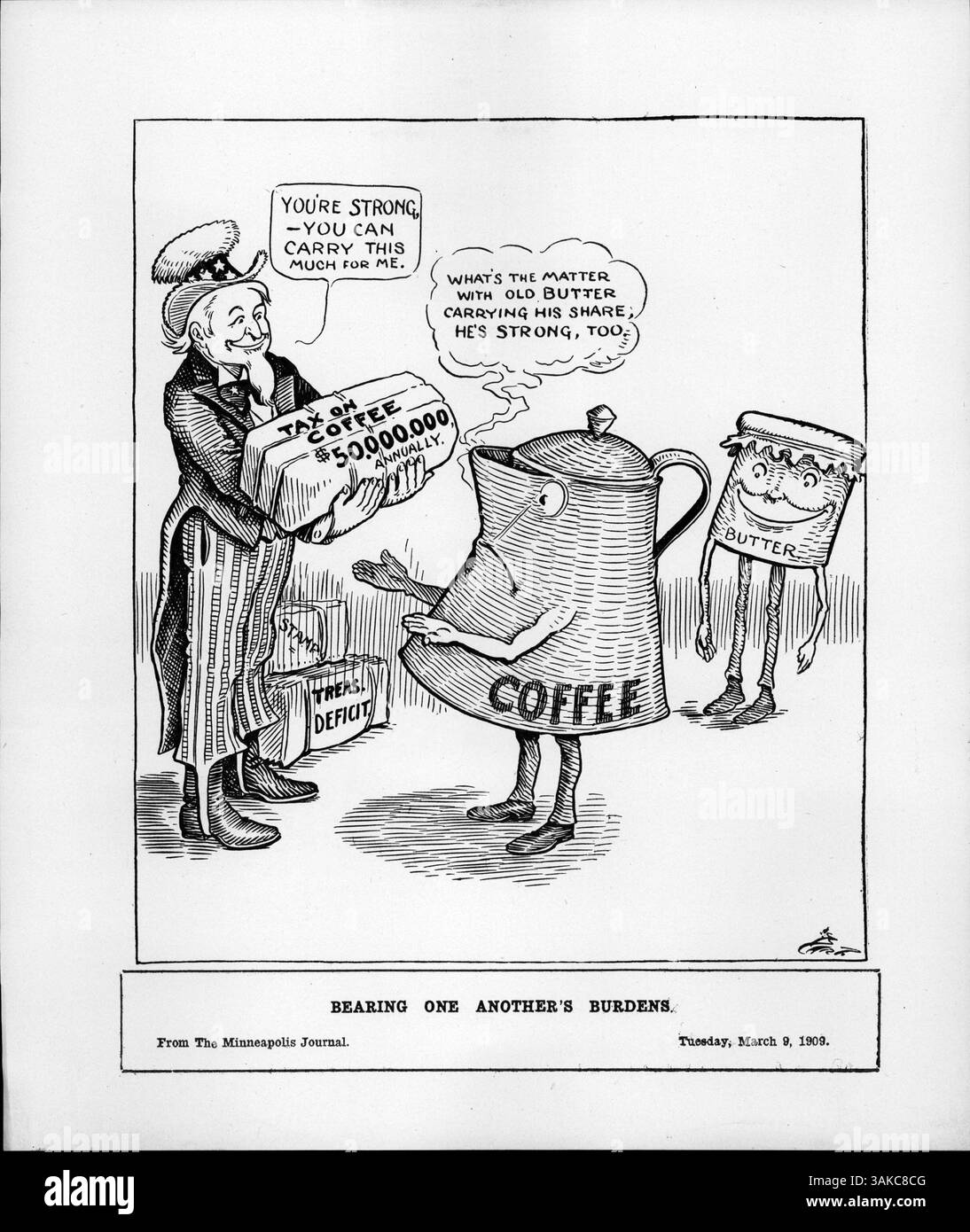 This cartoon depicts Uncle Sam handing over a large tax burden of ...