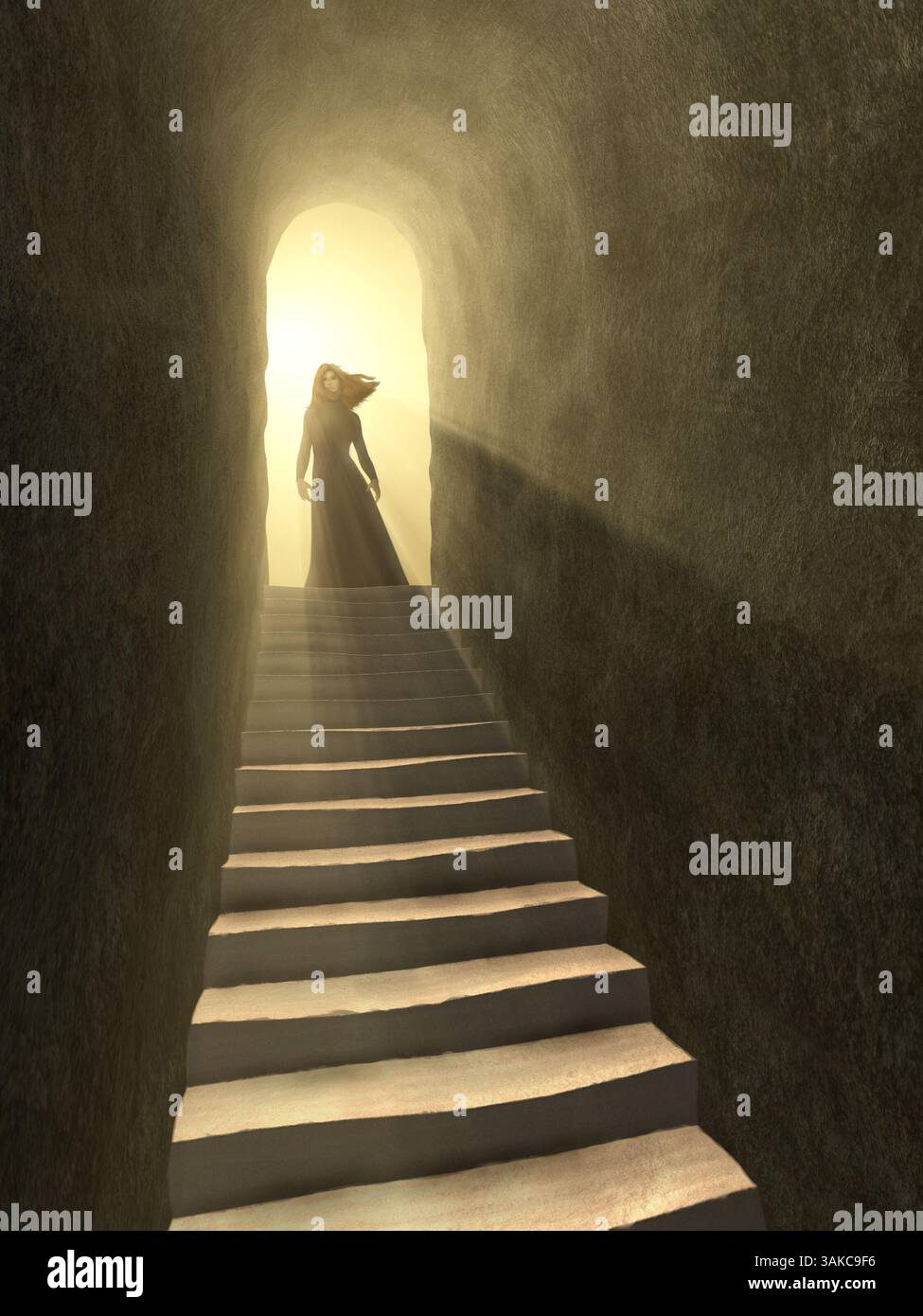 Female figure standing at the exit of an old tunnel. Digital ...
