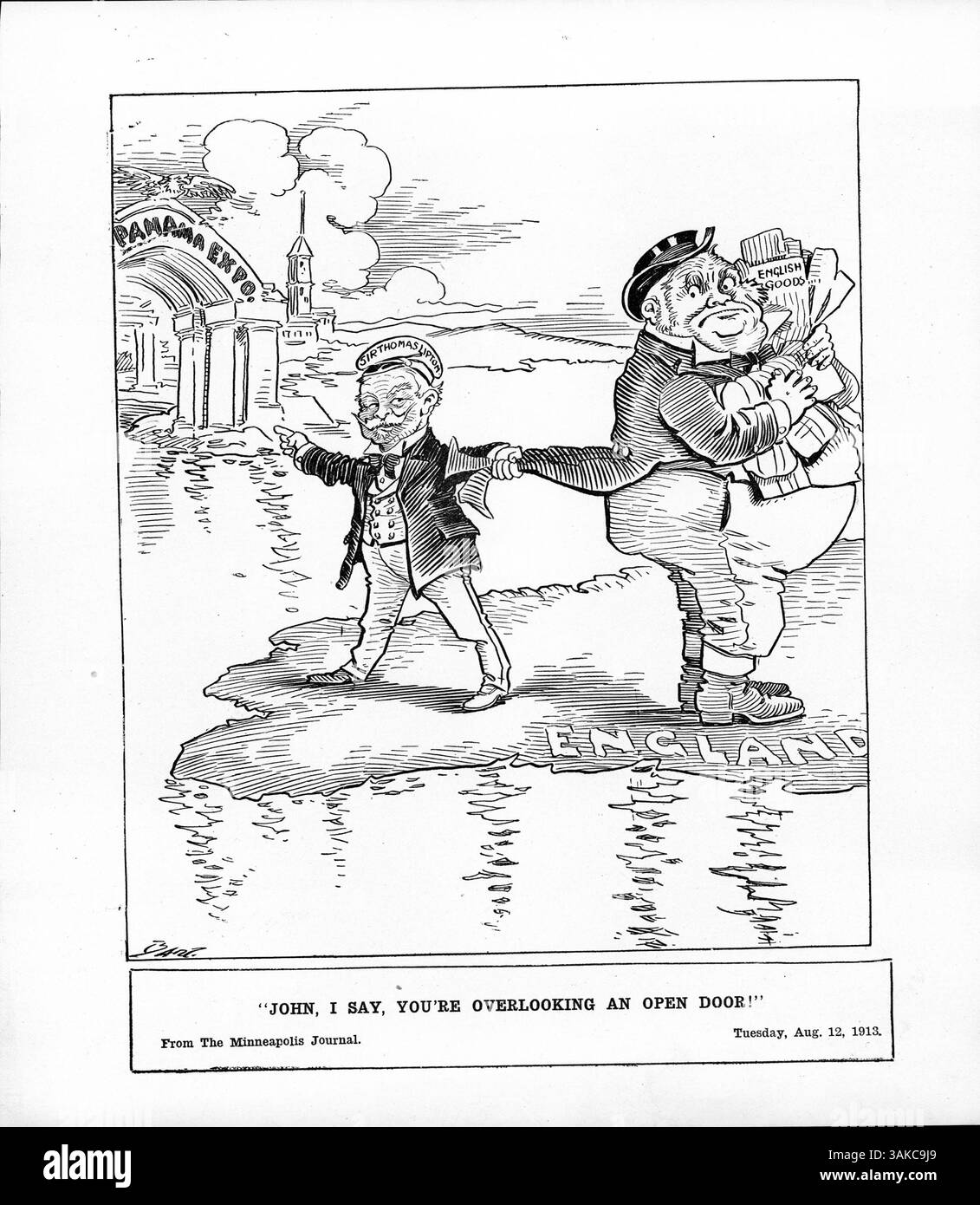 In this cartoon, Sir Thomas Lipton tugs on the coat-tails of John Bull ...