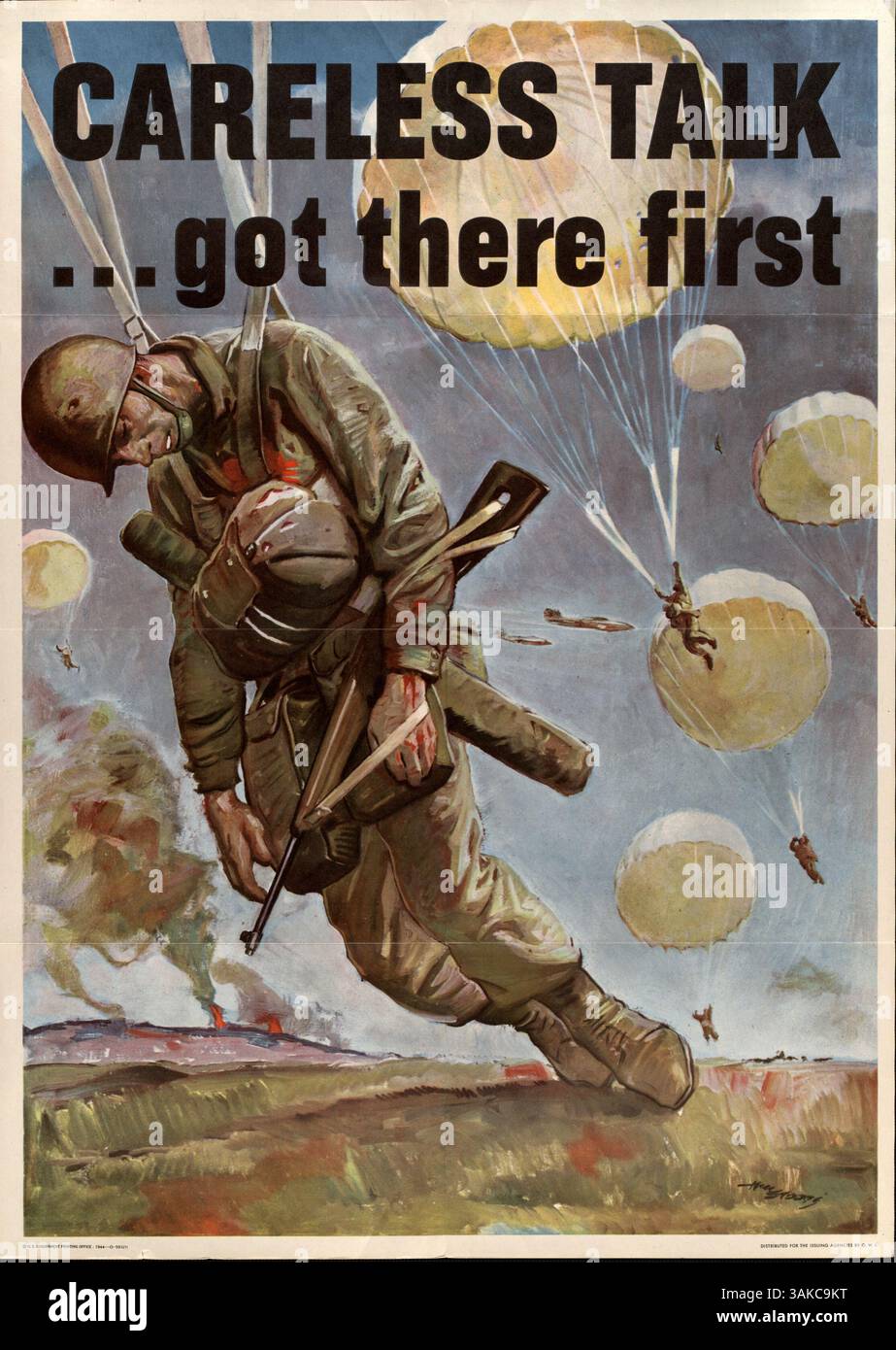 This wartime illustration depicts an American paratrooper who lands ...
