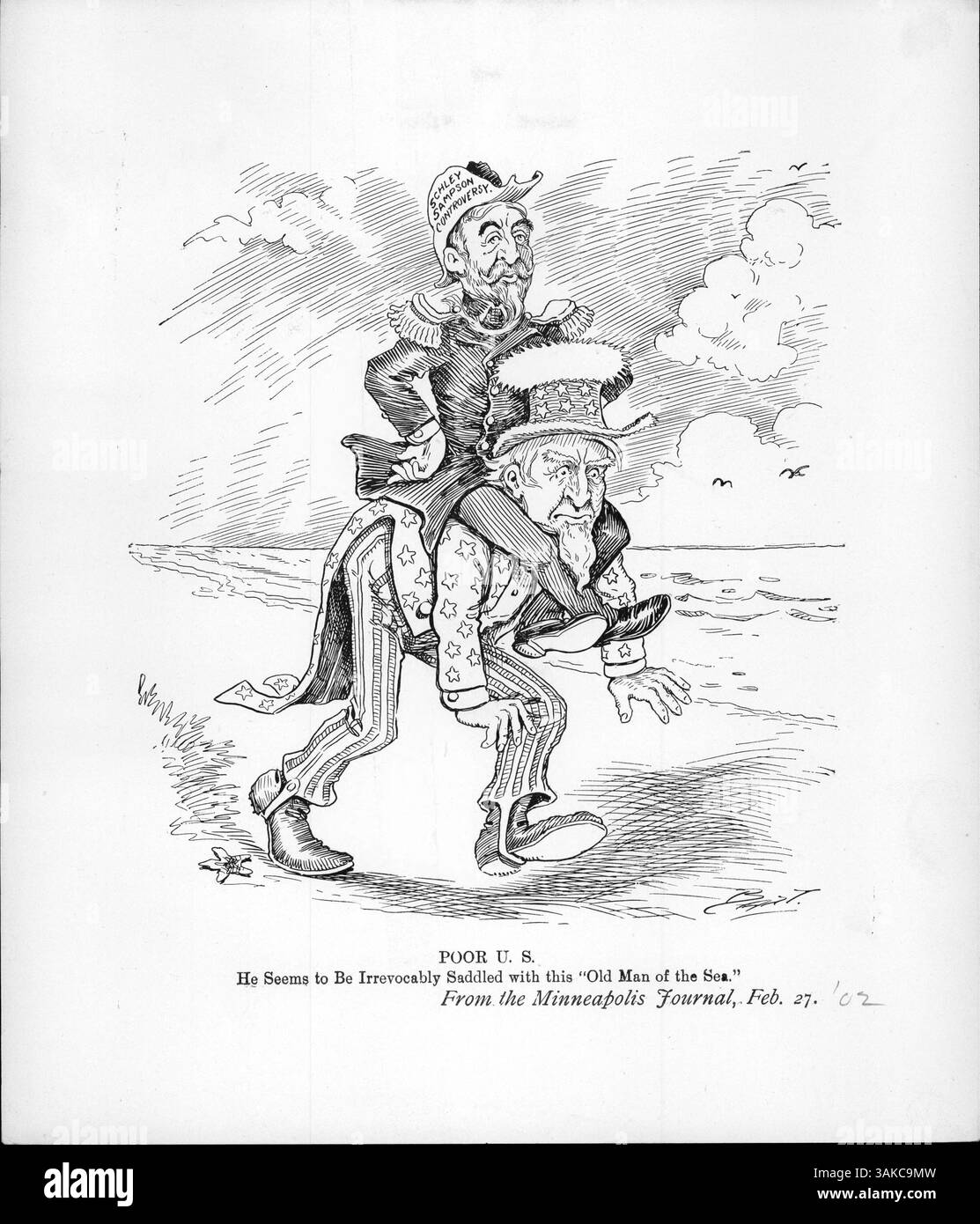 This 1940s cartoon shows Uncle Sam burdened with the Schley Sampson ...