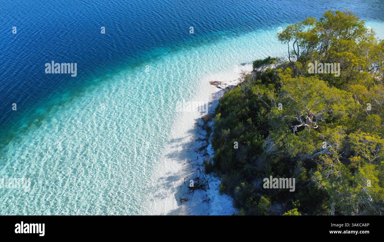 Sandy lake beach on a remote island in Australia, seen from above Stock ...