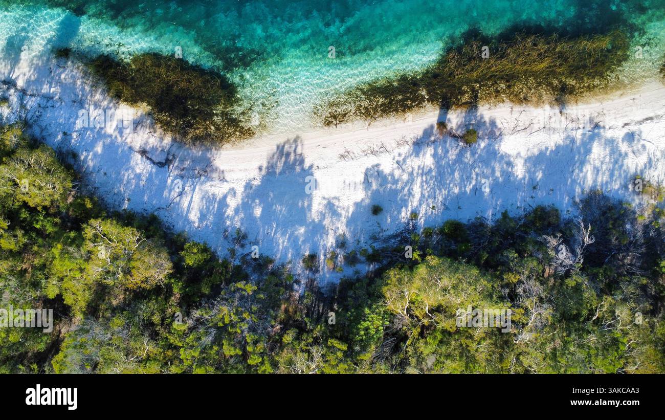 A sandy lake beach on a remote island is Australia, photograped with a ...