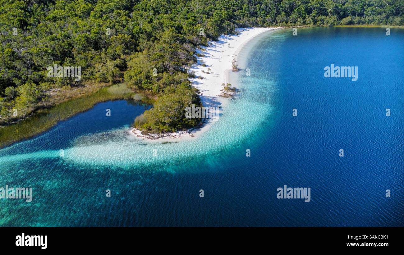 Sandy lake beach on a remote island in Australia, seen from above Stock ...