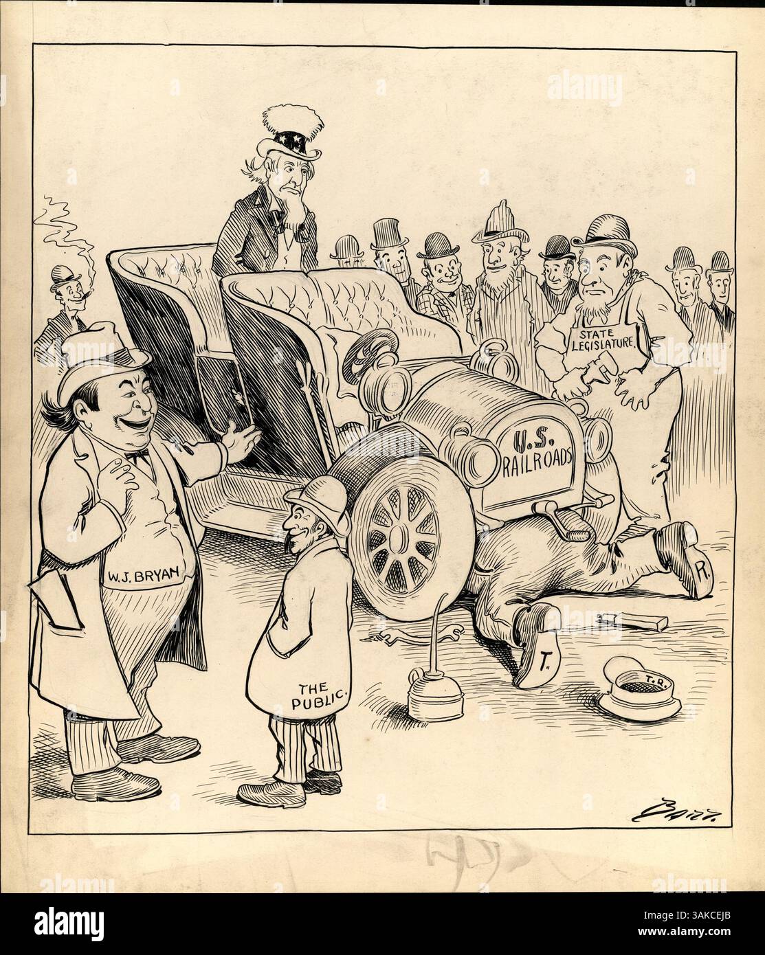 This political cartoon shows William J. Bryan discussing railroad ...