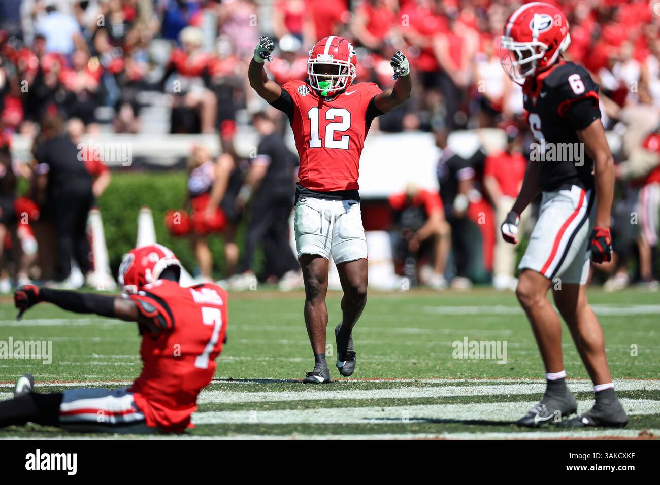 Georgia Red Team defensive back Jaden Harris (12) celebrates after a ...