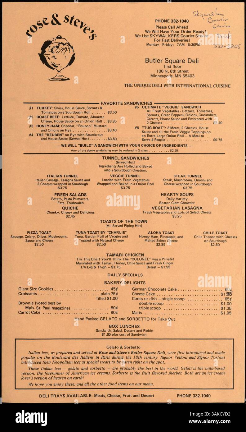 A single-sided, photocopied menu from Rose and Steve's Butler Square ...