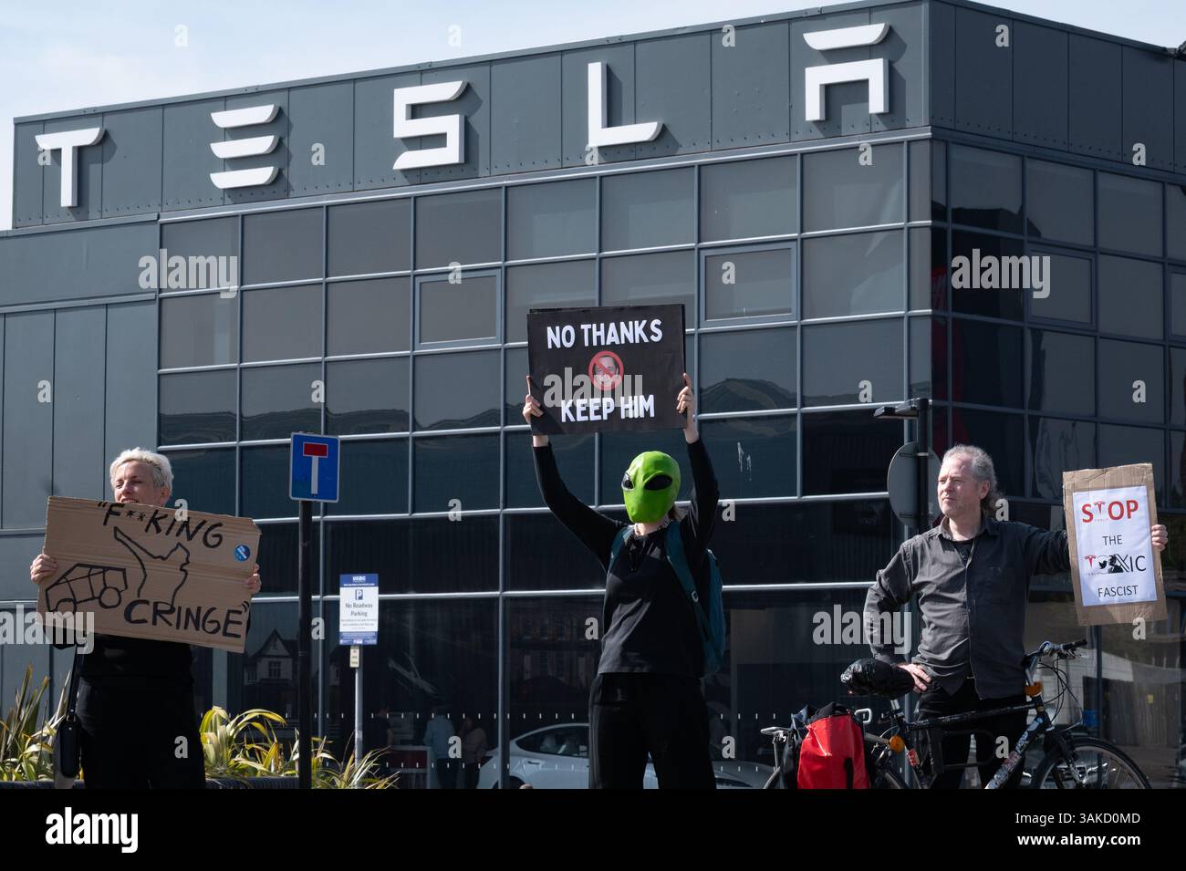 London, UK. 12 April, 2025. Opponents of Elon Musk, CEO of Tesla ...