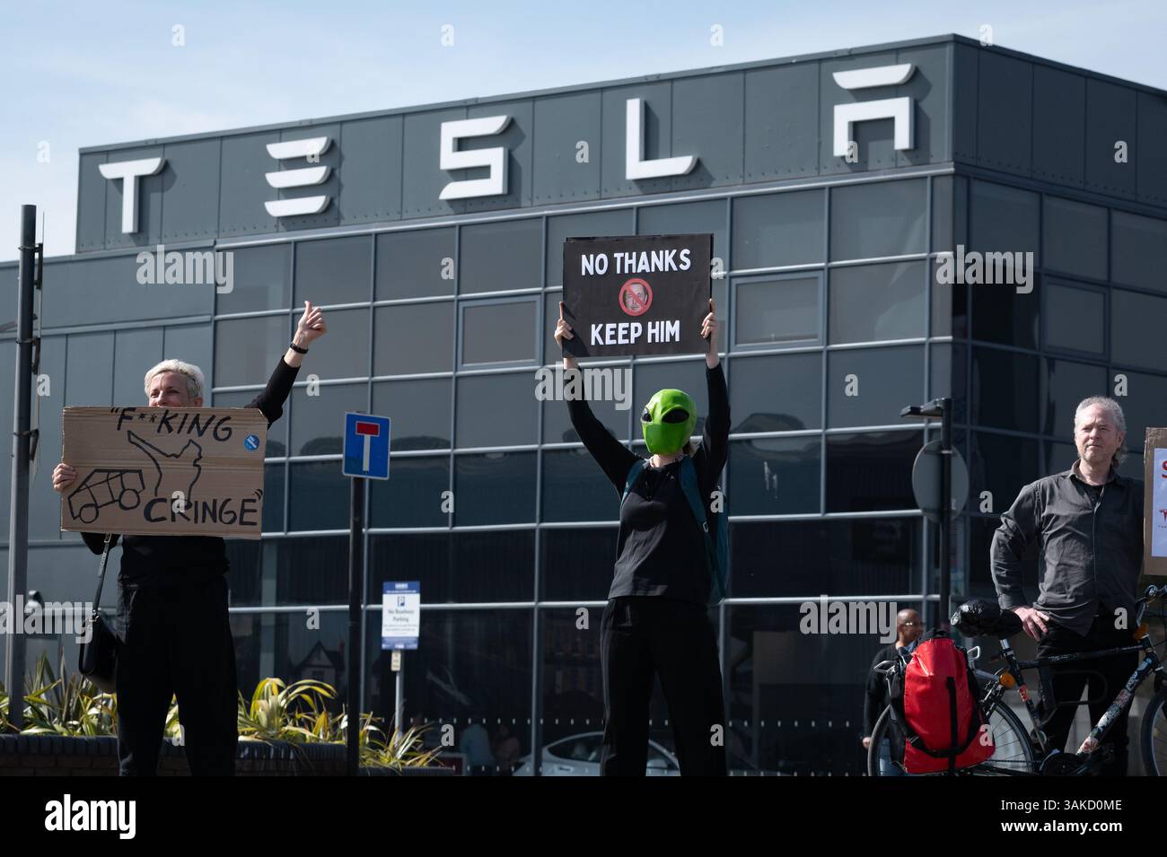London, UK. 12 April, 2025. Opponents of Elon Musk, CEO of Tesla ...