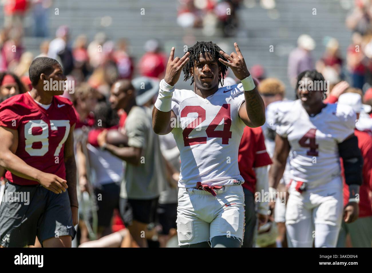 Alabama linebacker Noah Carter (24) reacts to the end of practice, the ...