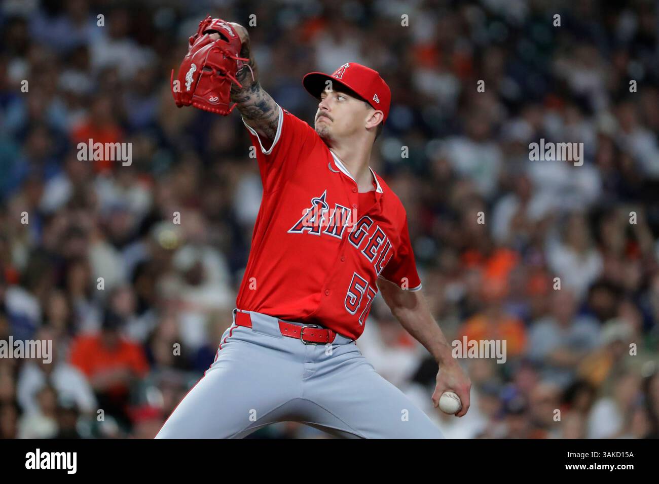 Los Angeles Angels relief pitcher Garrett McDaniels throws against the ...