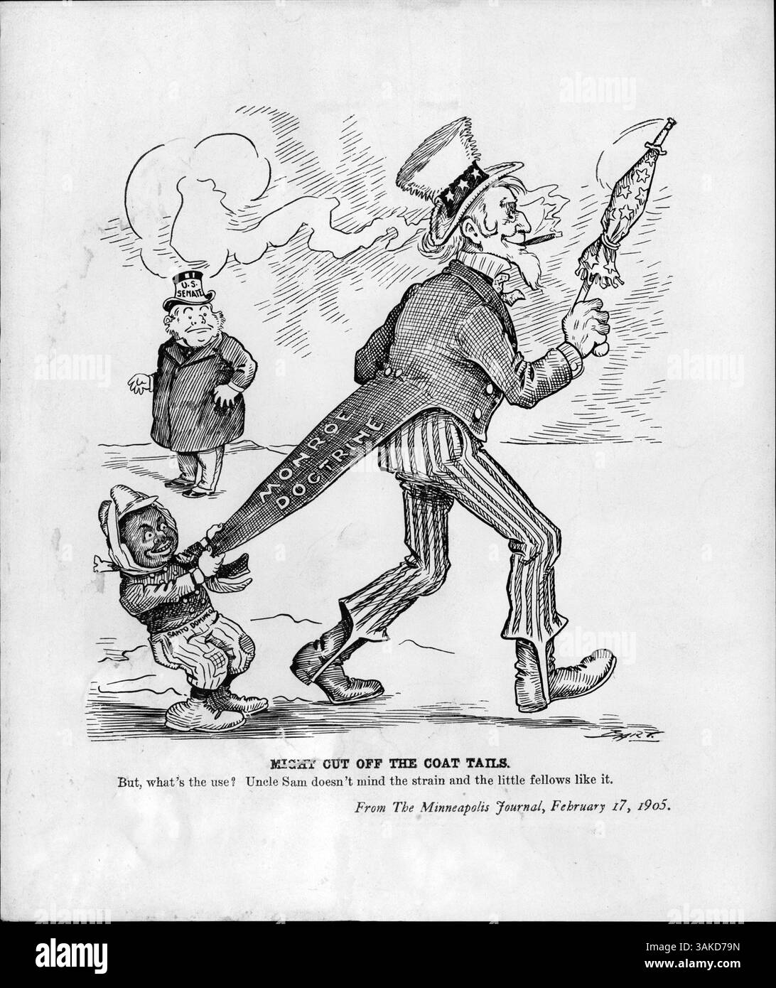 The image depicts Santo Domingo hanging off Uncle Sam's Monroe Doctrine ...