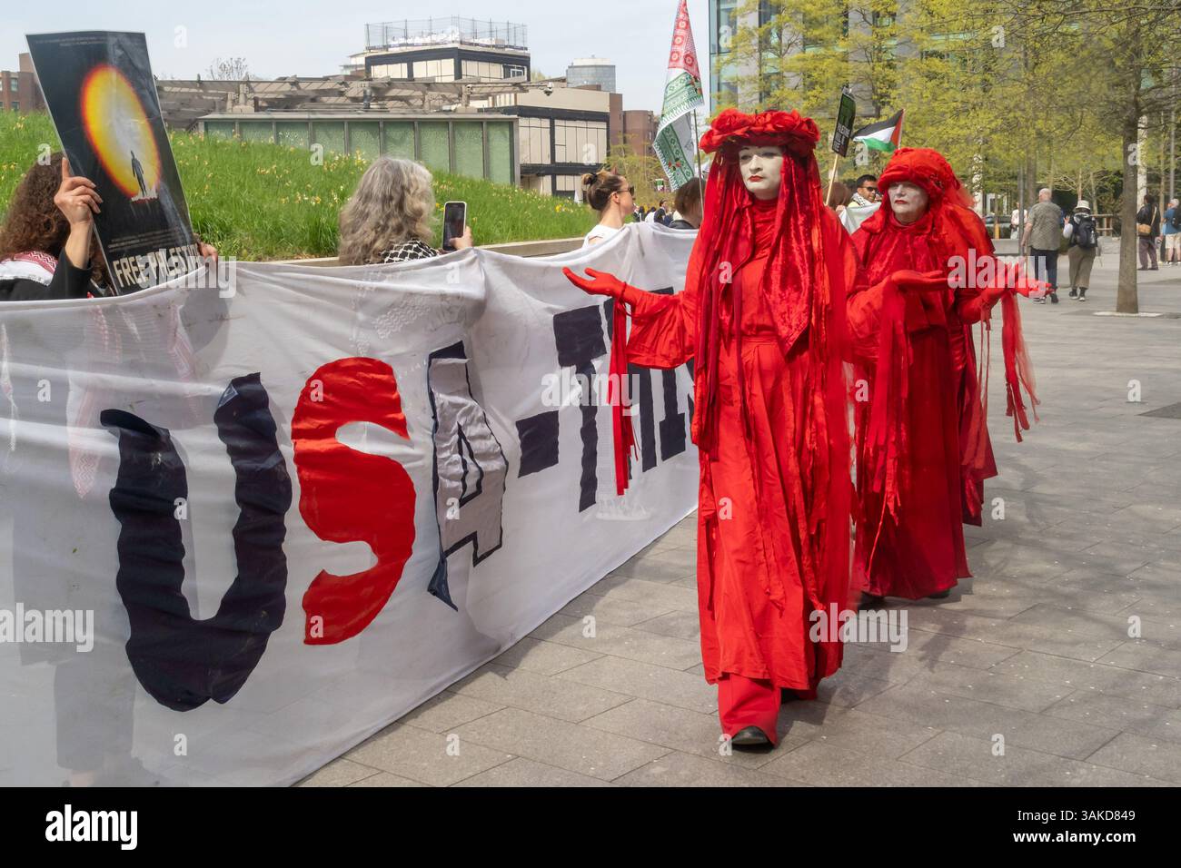 London, UK. 12 April 2025. XR Red Rebels visit the vigil. A two hour ...