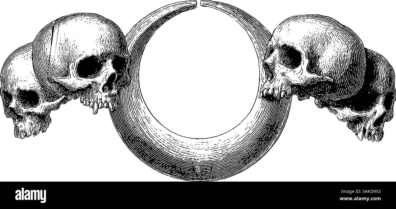Engraved crescent moon with hanging skulls illustration for halloween ...