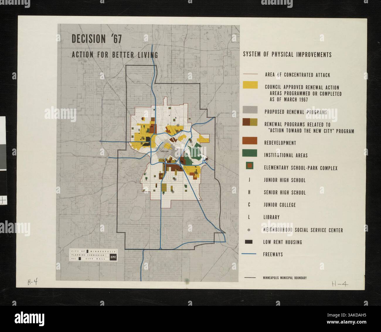 The 1967 map shows Minneapolis renewal programs, highlighting areas for ...