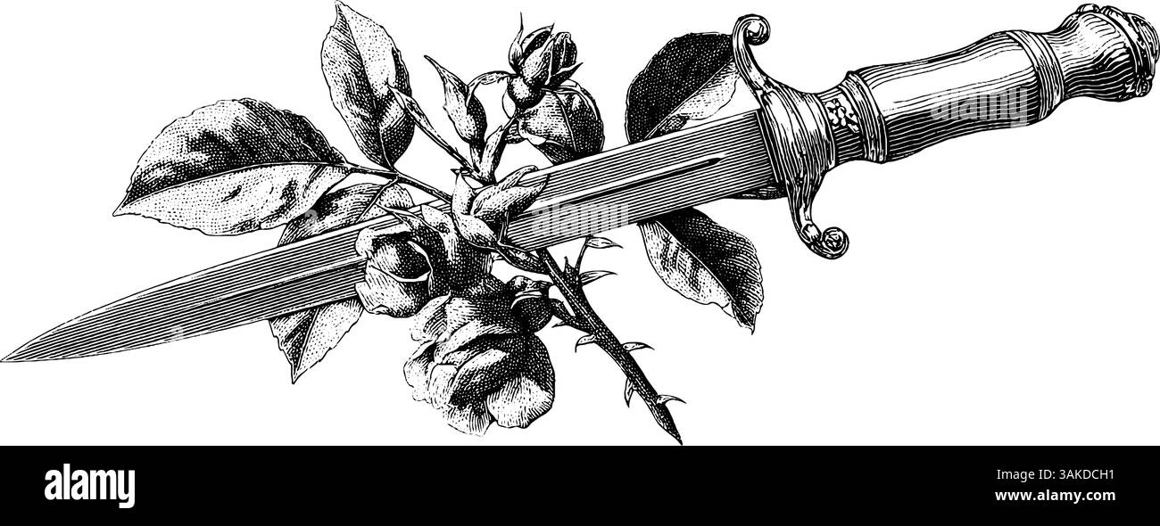 Intricate engraving of dagger with rose vine - symbol of elegance and ...