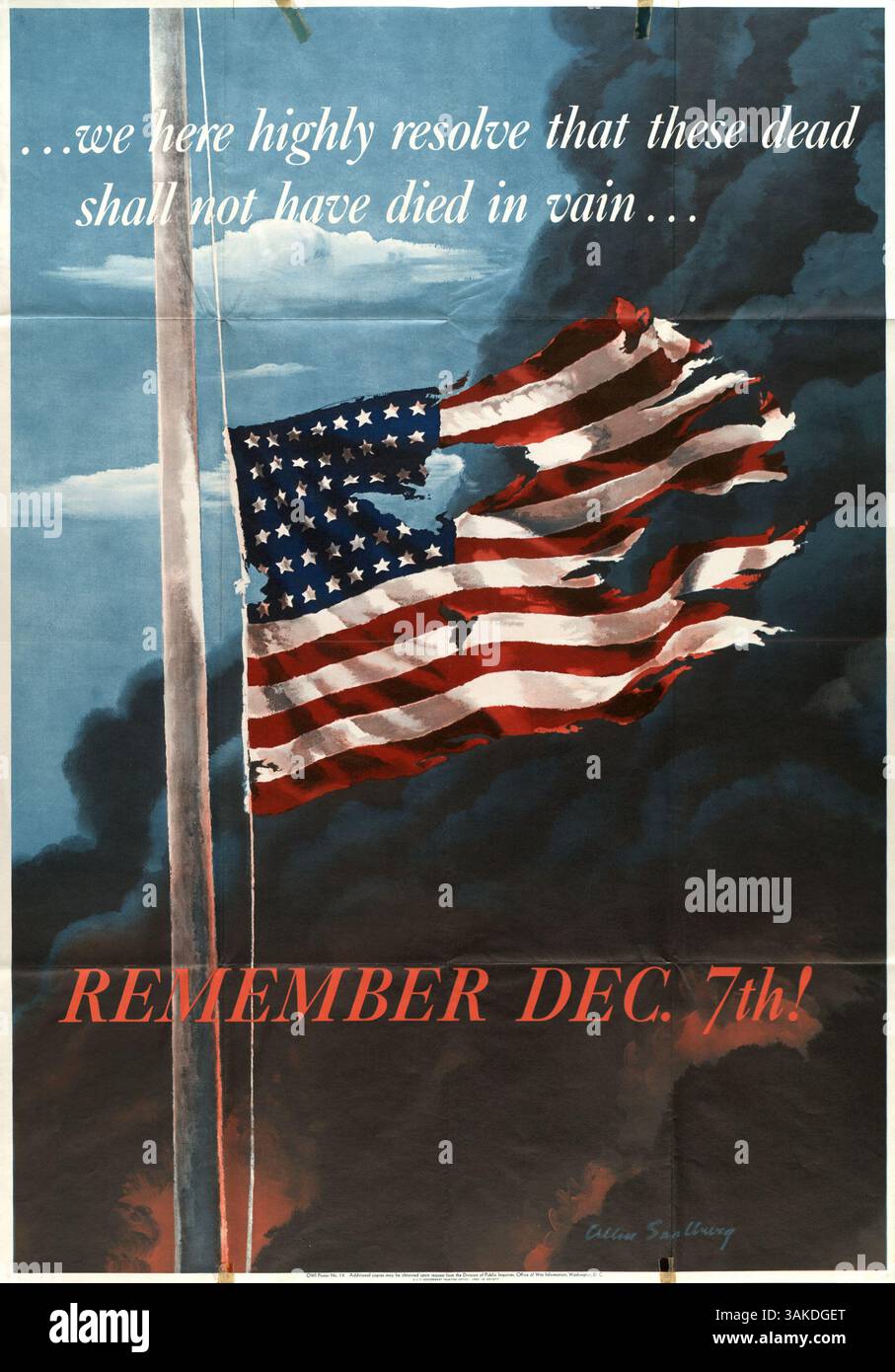 A 1942 propaganda poster featuring a U.S. flag at half-staff with dark ...
