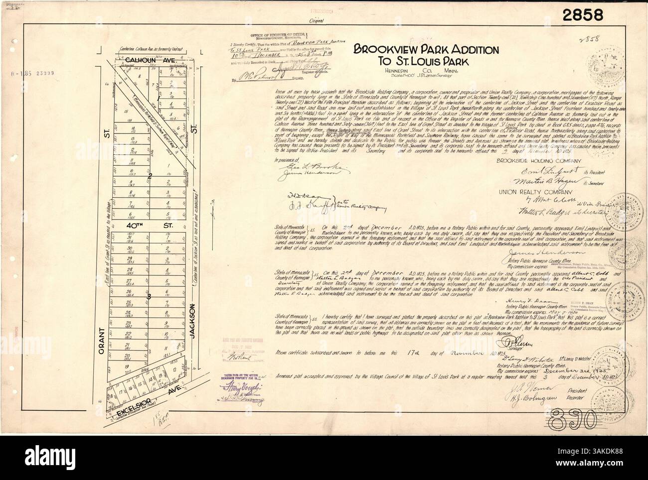 This document details the Brookview Park Addition to St. Louis Park ...