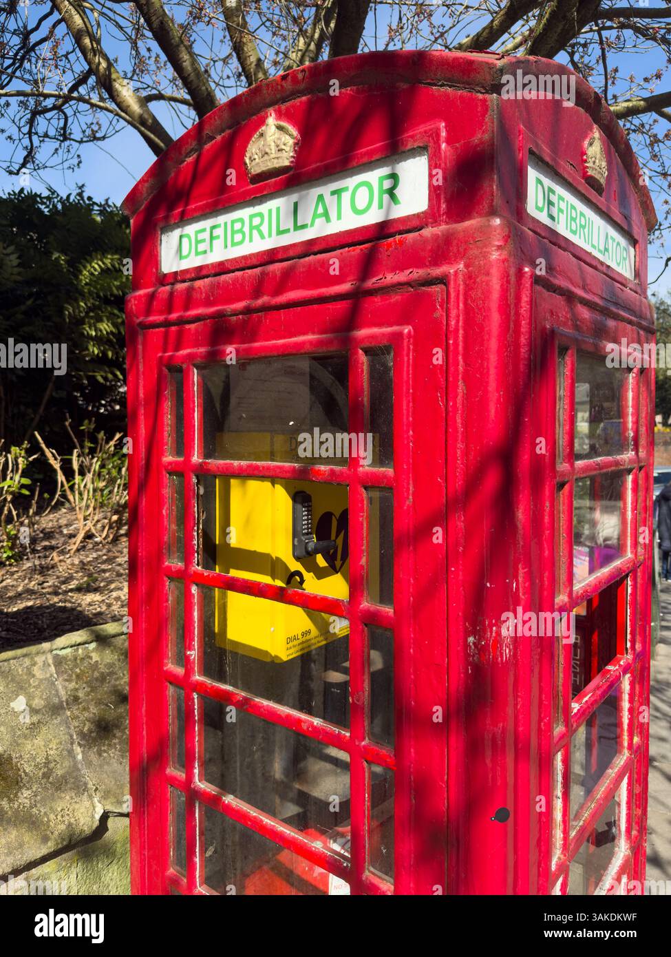Shrewsbury, England, UK - March 31, 2025; Defibrillator in repurposed ...