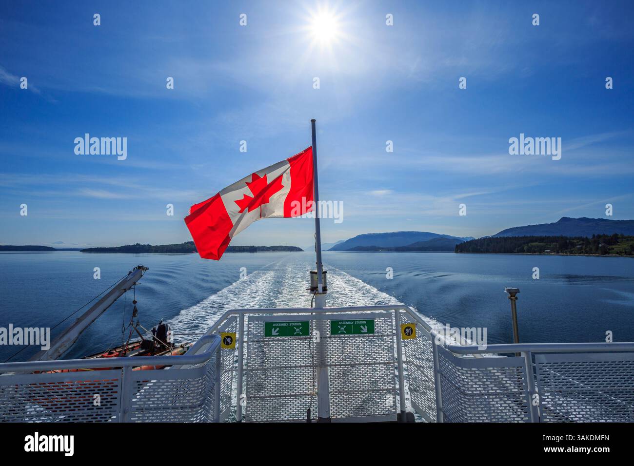 A Canadian flag flying on the stern of a BC Ferries vessel sailing from ...