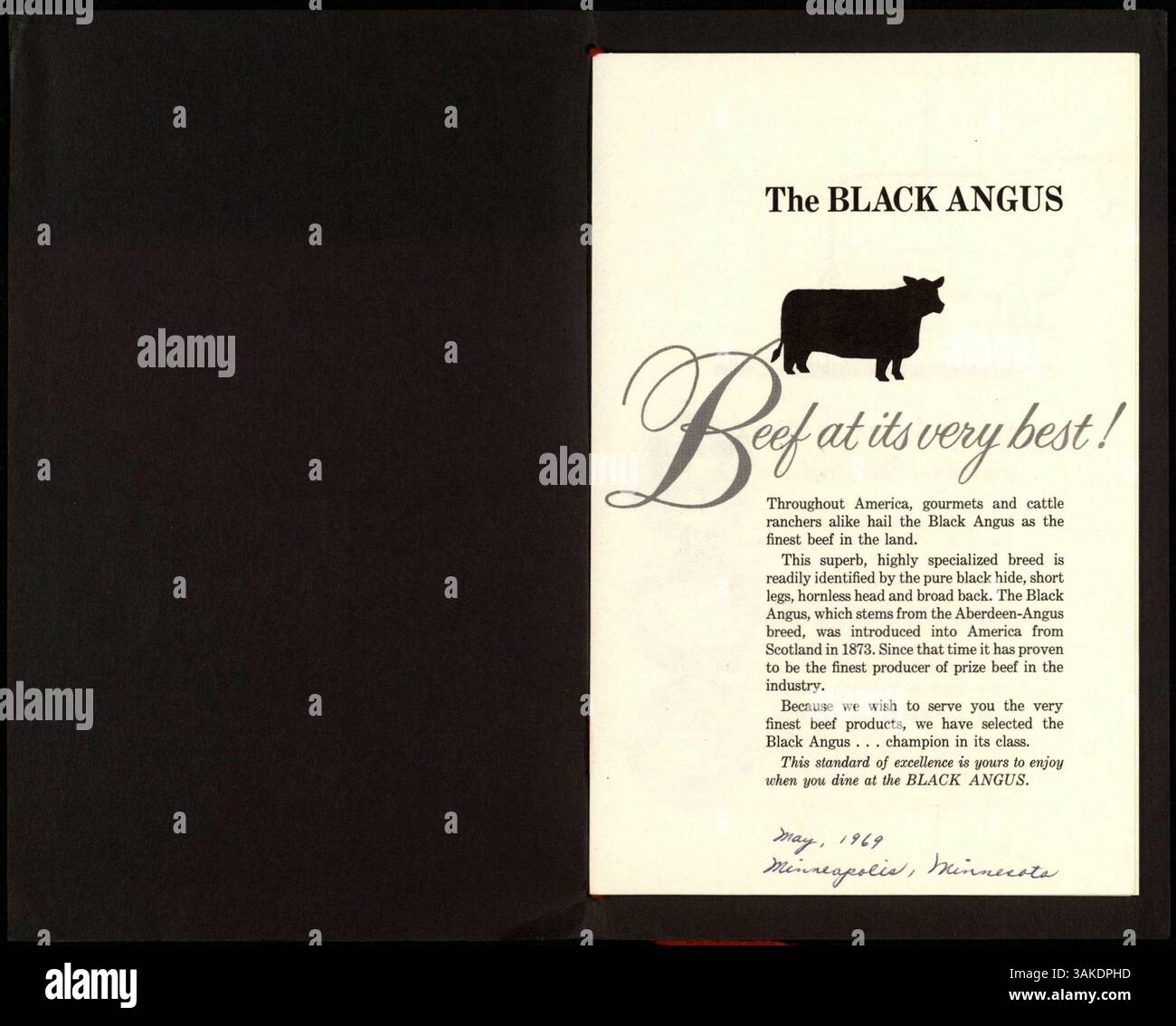 The Black Angus menu features a bi-fold cover with a velvet finish ...