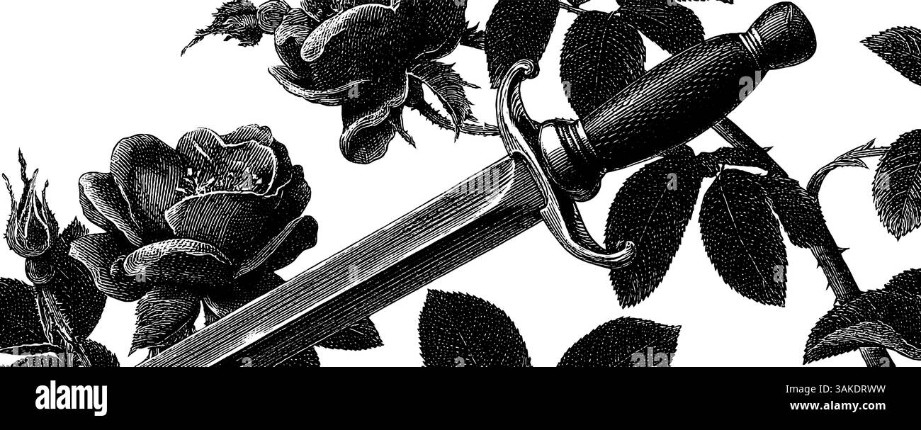 Engraved sword in floral design with black rose accents for artistic ...