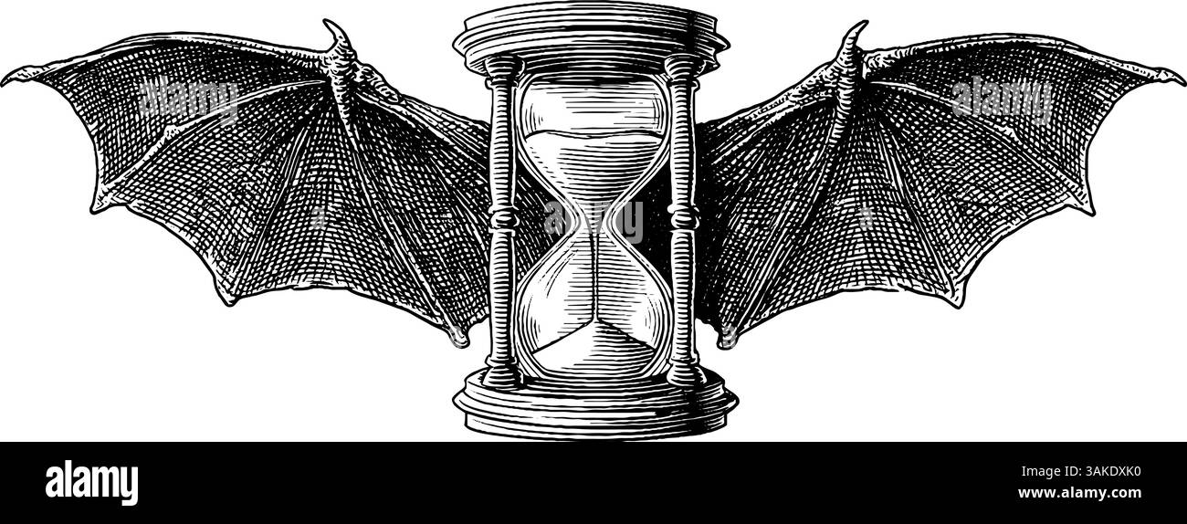 Surreal engraved hourglass with bat wings - gothic art concept for ...