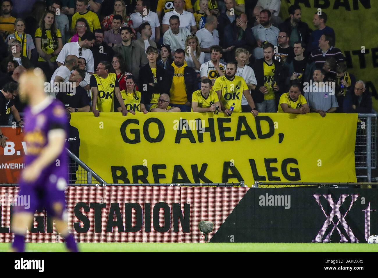 BREDA - Banner NAC fans in front of Go Ahead players during the Dutch ...